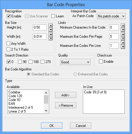 Kofax Barcode Settings